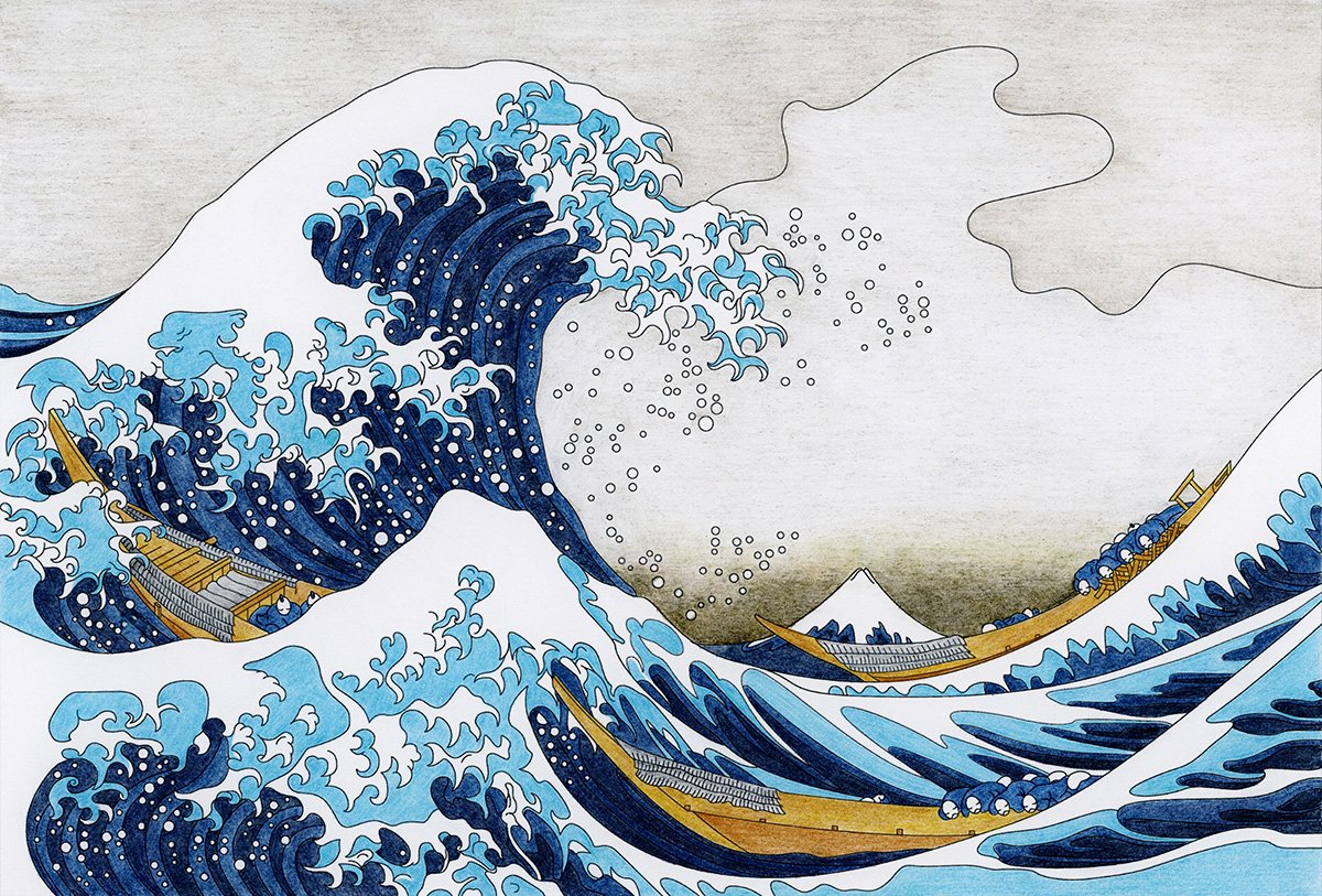 Hokusai The Great Wave Of Kanagawa Adult Coloring Page Wall Mural