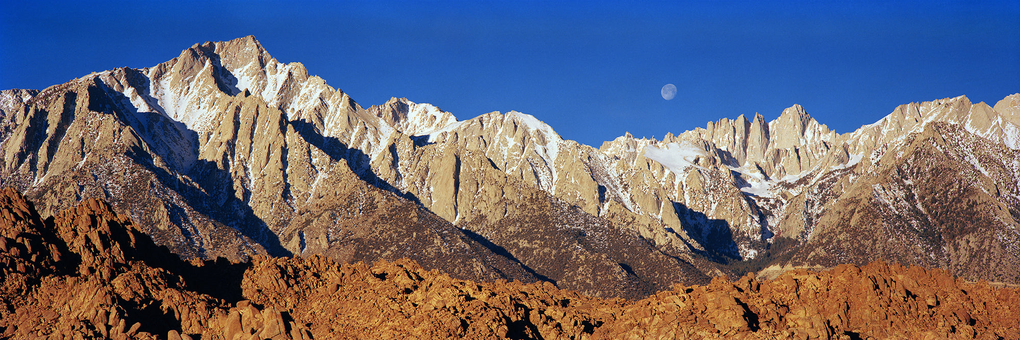 Rock Formations On A Mountain Range, Moonset Over Mt Whitney, Lone Pin