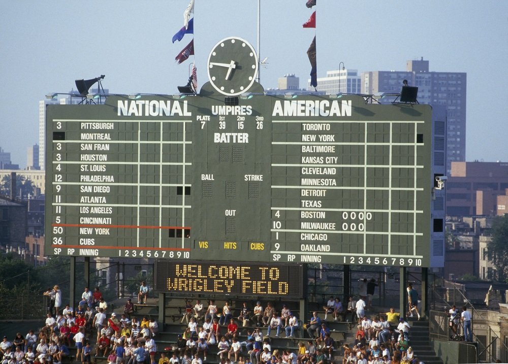 Scoreboard in a baseball stadium, Wrigley Field, Chicago, Cook County,