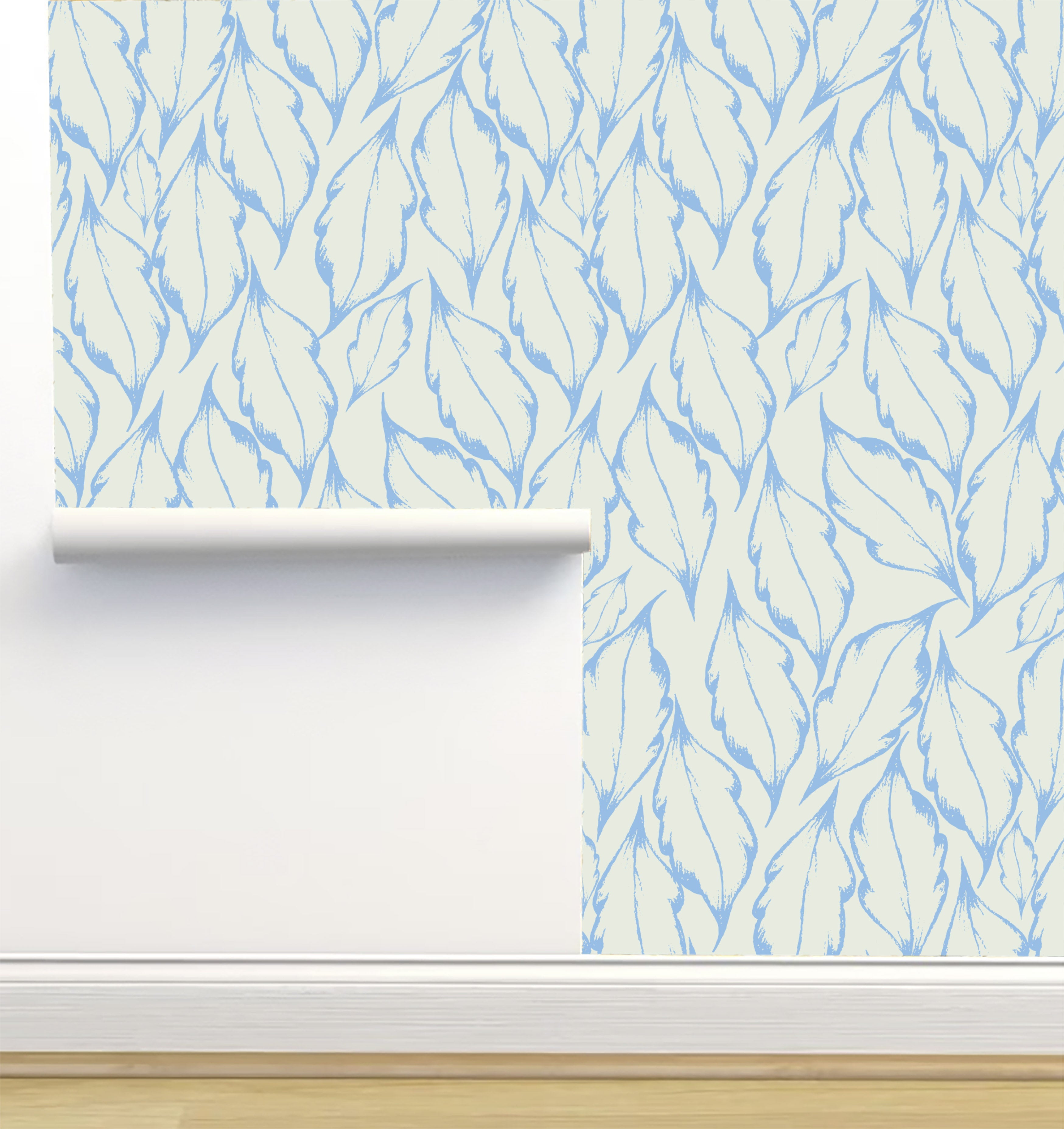 Swaing Leaves Cuminsky Blue Wallpaper by Monor Designs