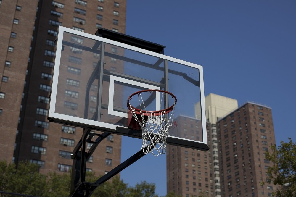Low angle view of a basketball hoop, Harlem, Manhattan, New York City,