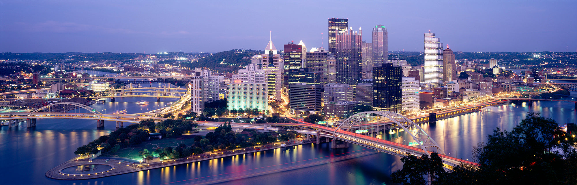 Buildings In A City Lit Up At Dusk, Pittsburgh, Allegheny County, Penn