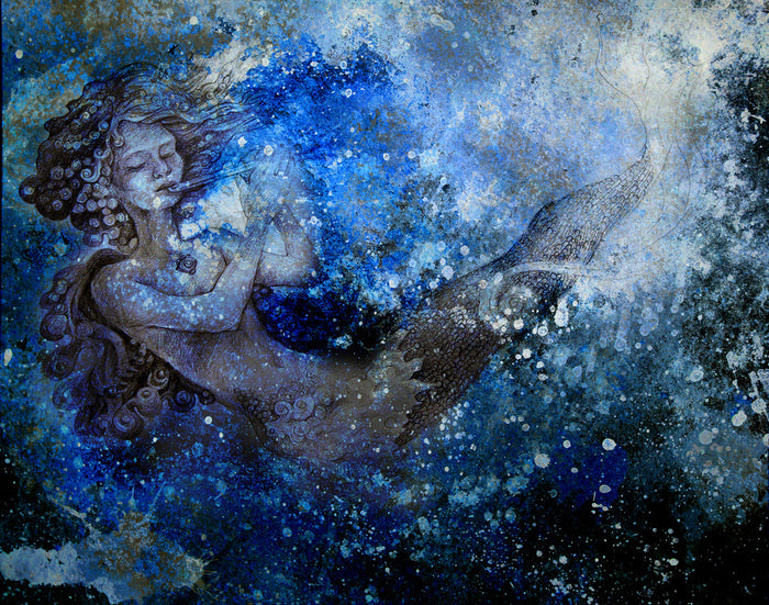 Drawing Of Ocean Mermaid Plying Flute On Abstract Background Wall Mura
