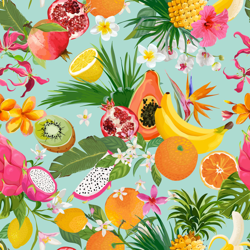 Seamless Pattern With Tropical Fruits And Flowers Banana, Orange, Lemo