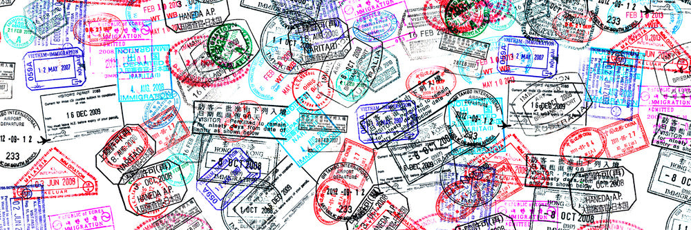 Panoramic Background Of Passport Stamps, Visas Travel Concept Web Bann