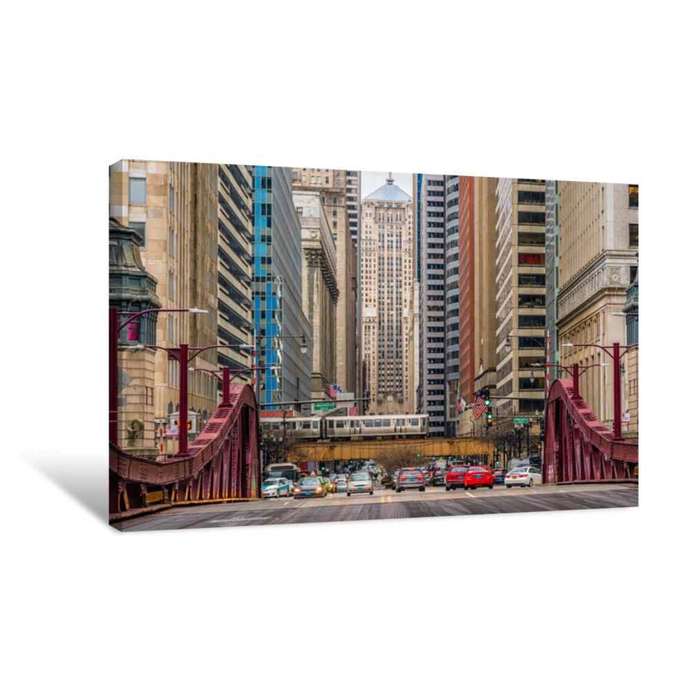 Scene Of Chicago Street Bridge With Traffic Among Modern Buildings Of