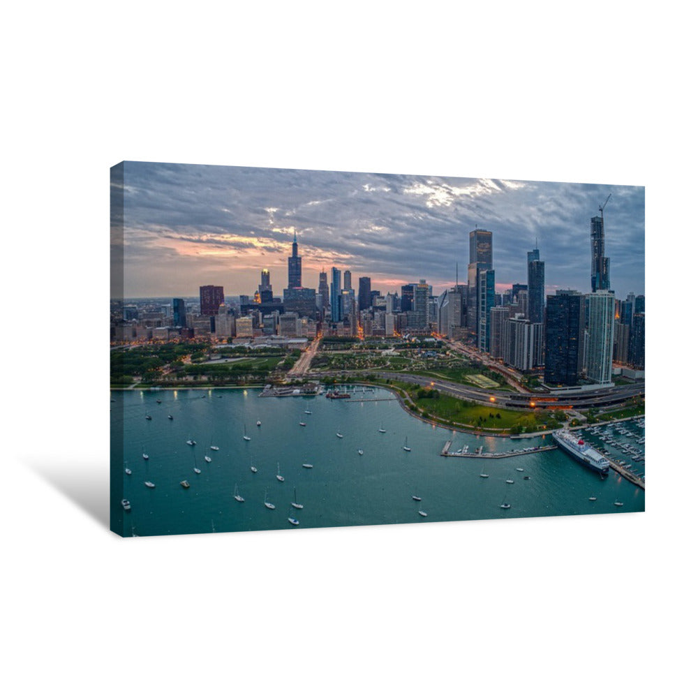 Aerial View Of The Chicago Skyline From Above The Harbor On Lake Michi