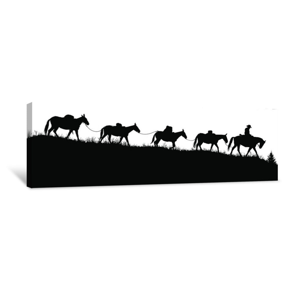 Vector Silouettes Of A Cowboy Riding A Horse And Leading Pack Mules Ca