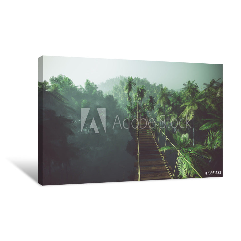 Rope Bridge In Misty Jungle With Palms Backlit Canvas Print