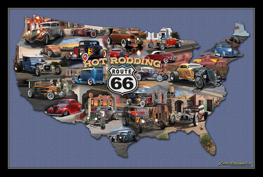 Hot Rodding Route 66 Frame Wall Mural by Larry Grossman